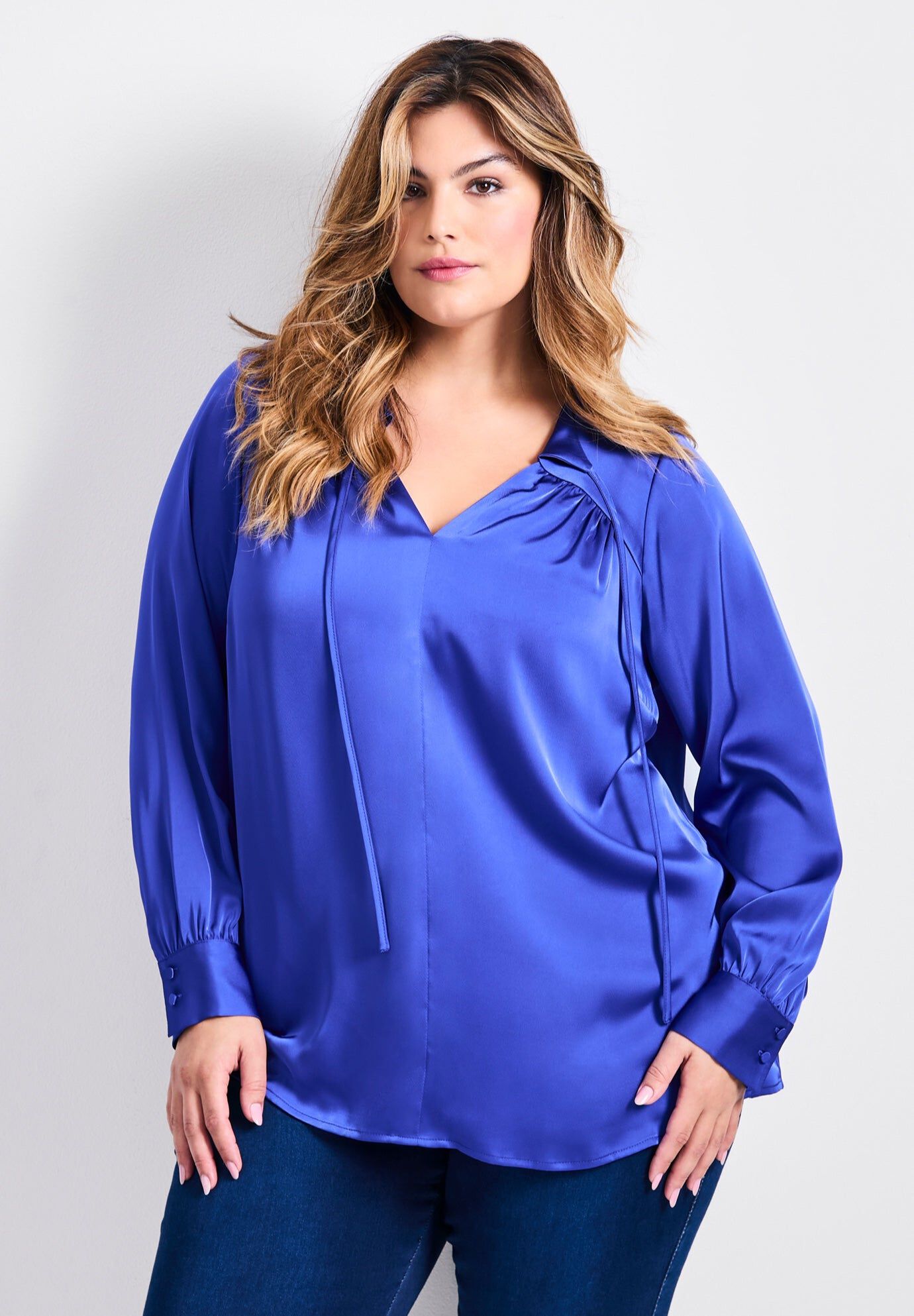 Marlene Tie Front Satin Blouse | Avenue
