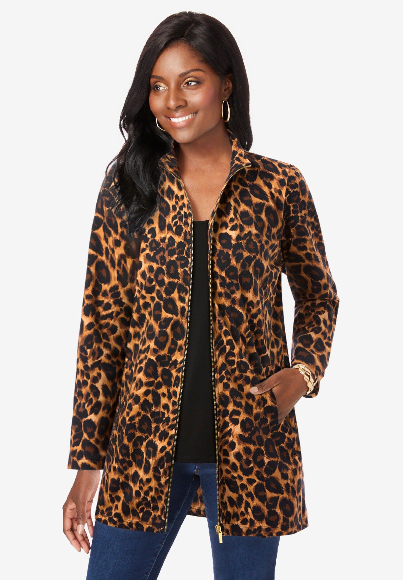 Stretch Cotton Zip Front Hi-Low Jacket | Avenue