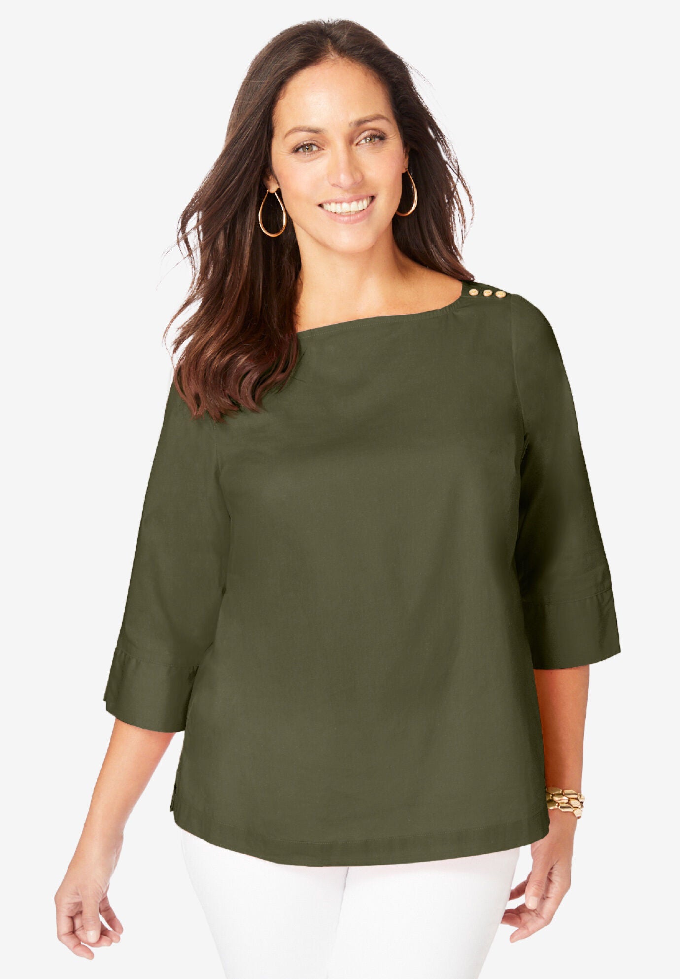 Stretch Poplin Button Boatneck Tunic | Avenue