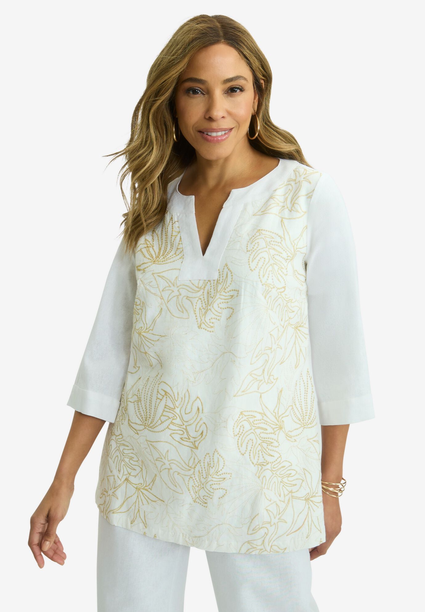 Linen V-Neck Embroidered Tunic | Avenue