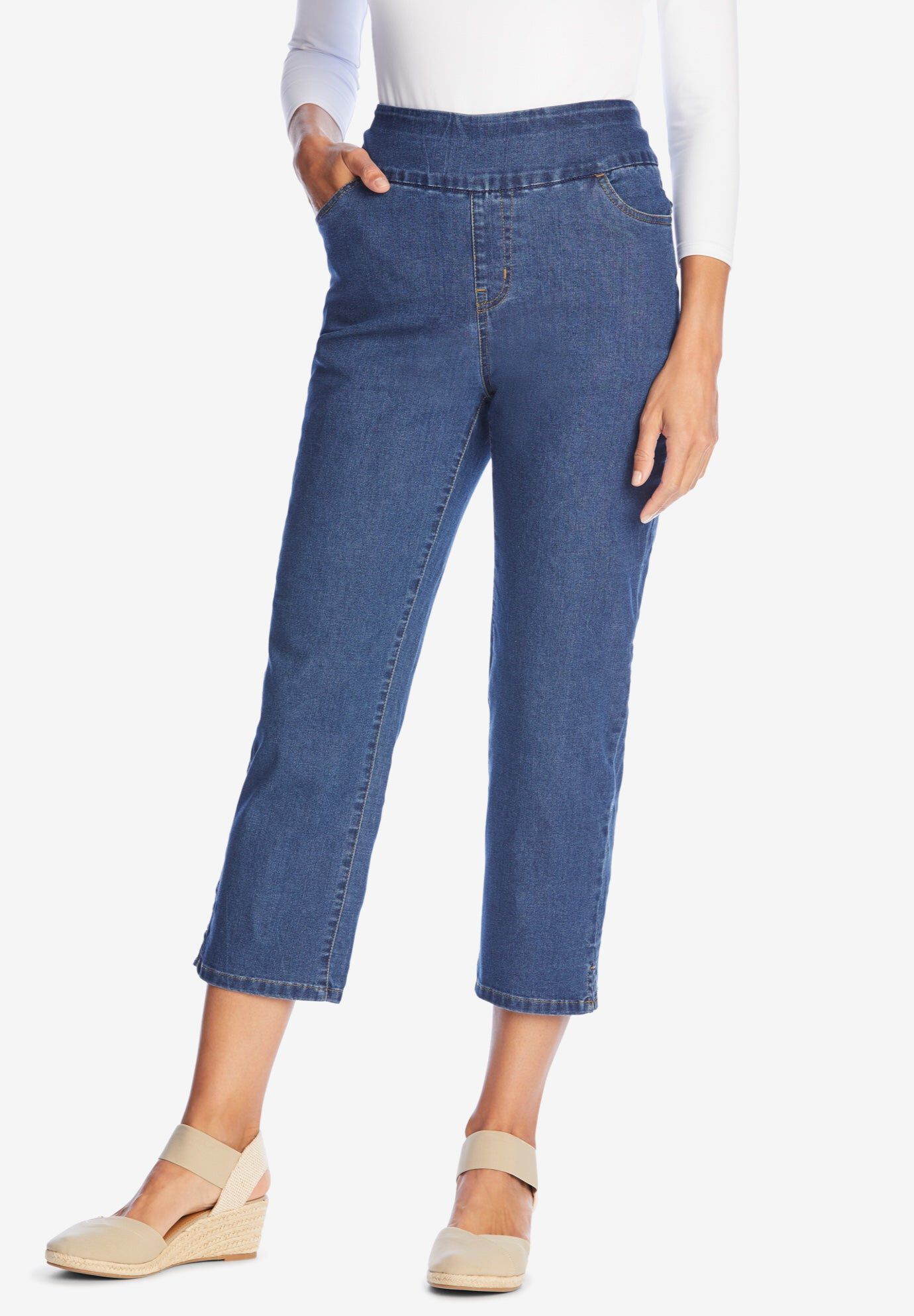 Pull-On Flex-Fit Elastic-Waist Stretch Denim Capri Jeans | Avenue