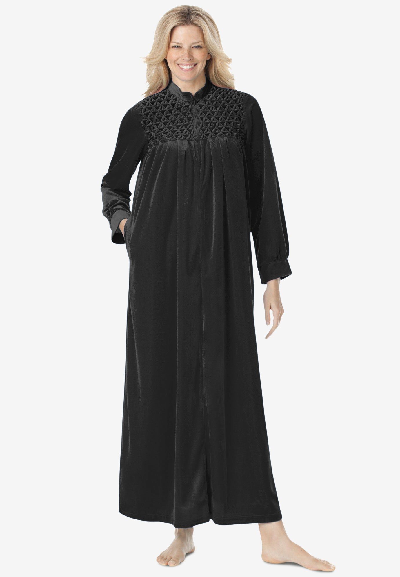 Smocked Velour Long Robe | Avenue