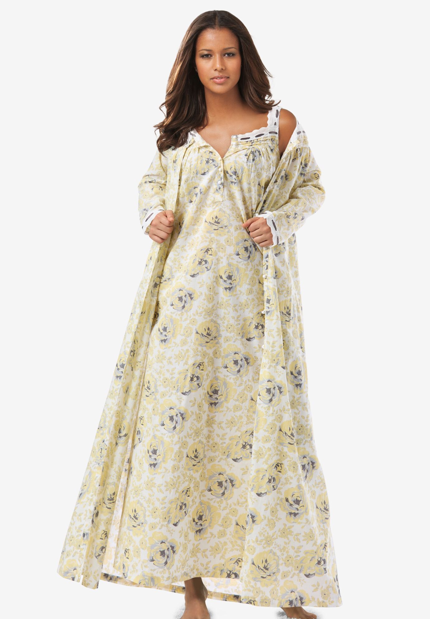 Long 2-Piece Cabbage-Rose Peignoir Set | Avenue