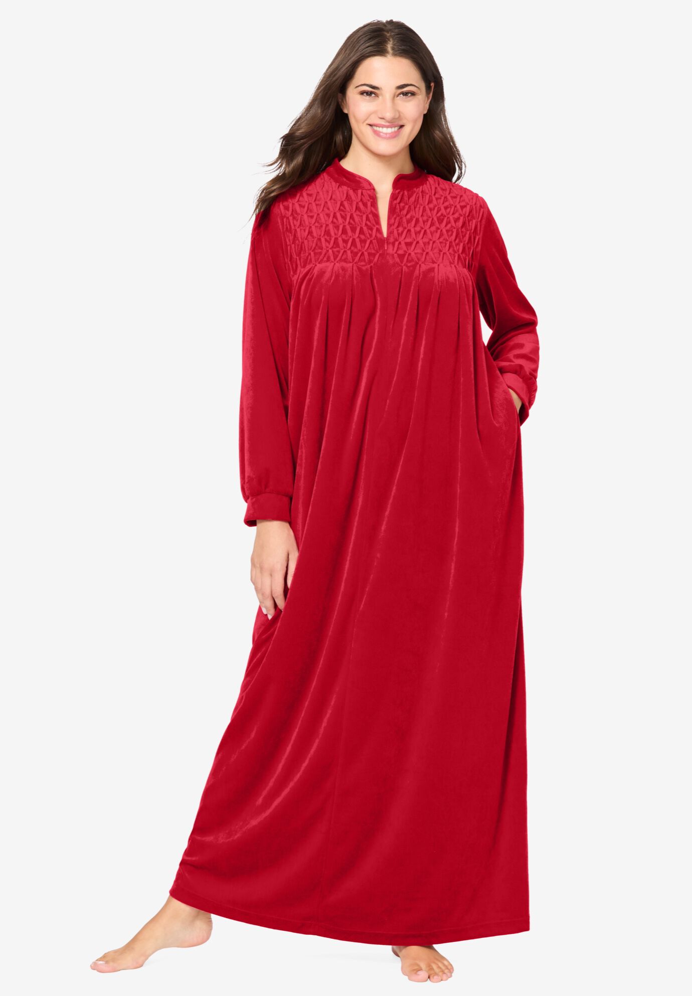 Smocked Velour Long Robe | Avenue