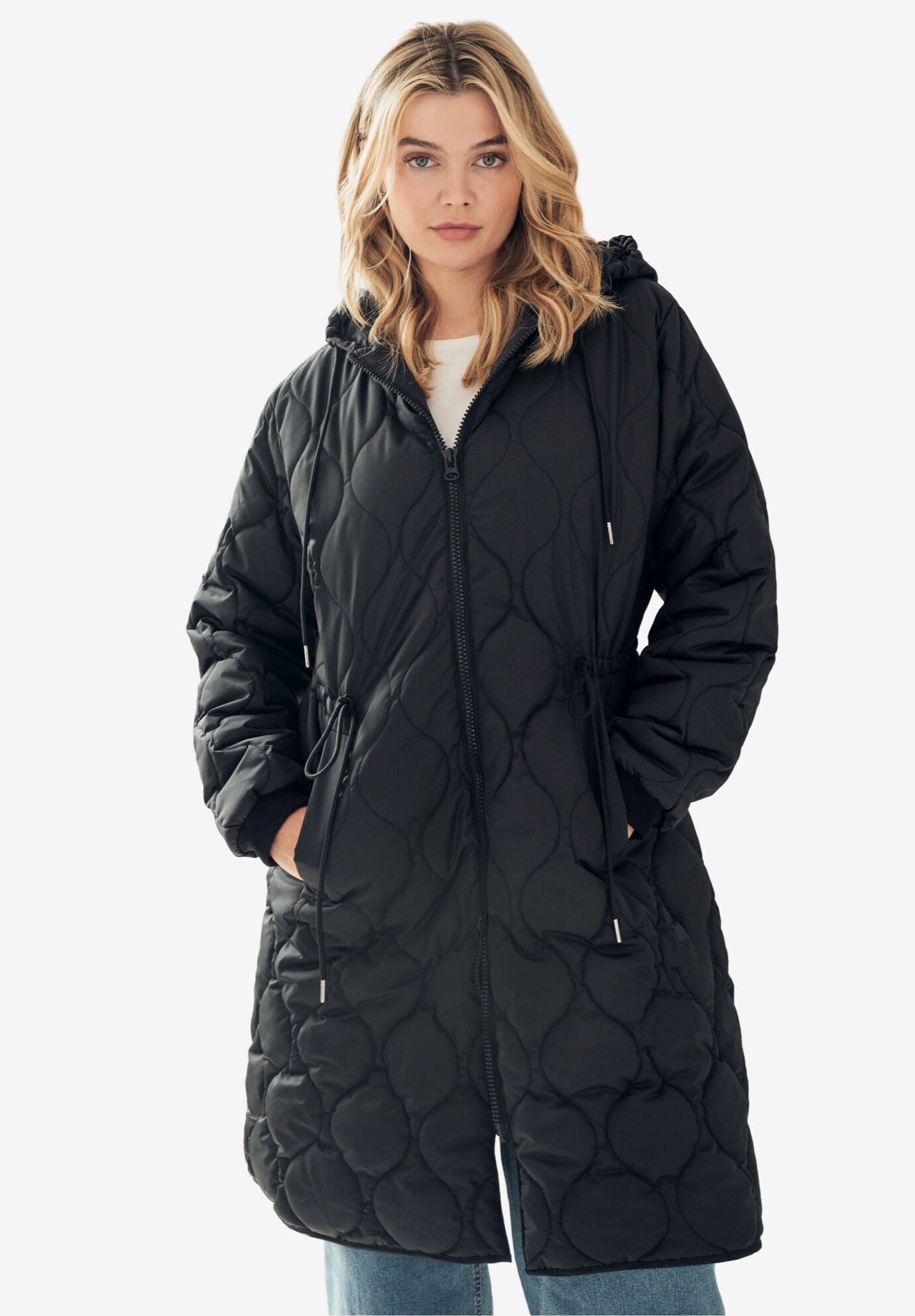 Long Quilted Jacket With Drawstring Waist | Avenue