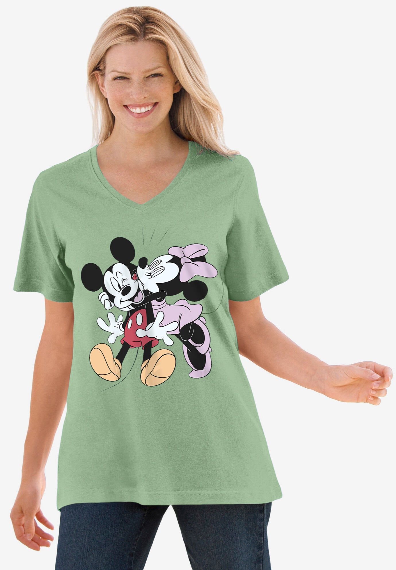Disney Short Sleeve V-neck Tee Sage Mickey Minnie | Avenue