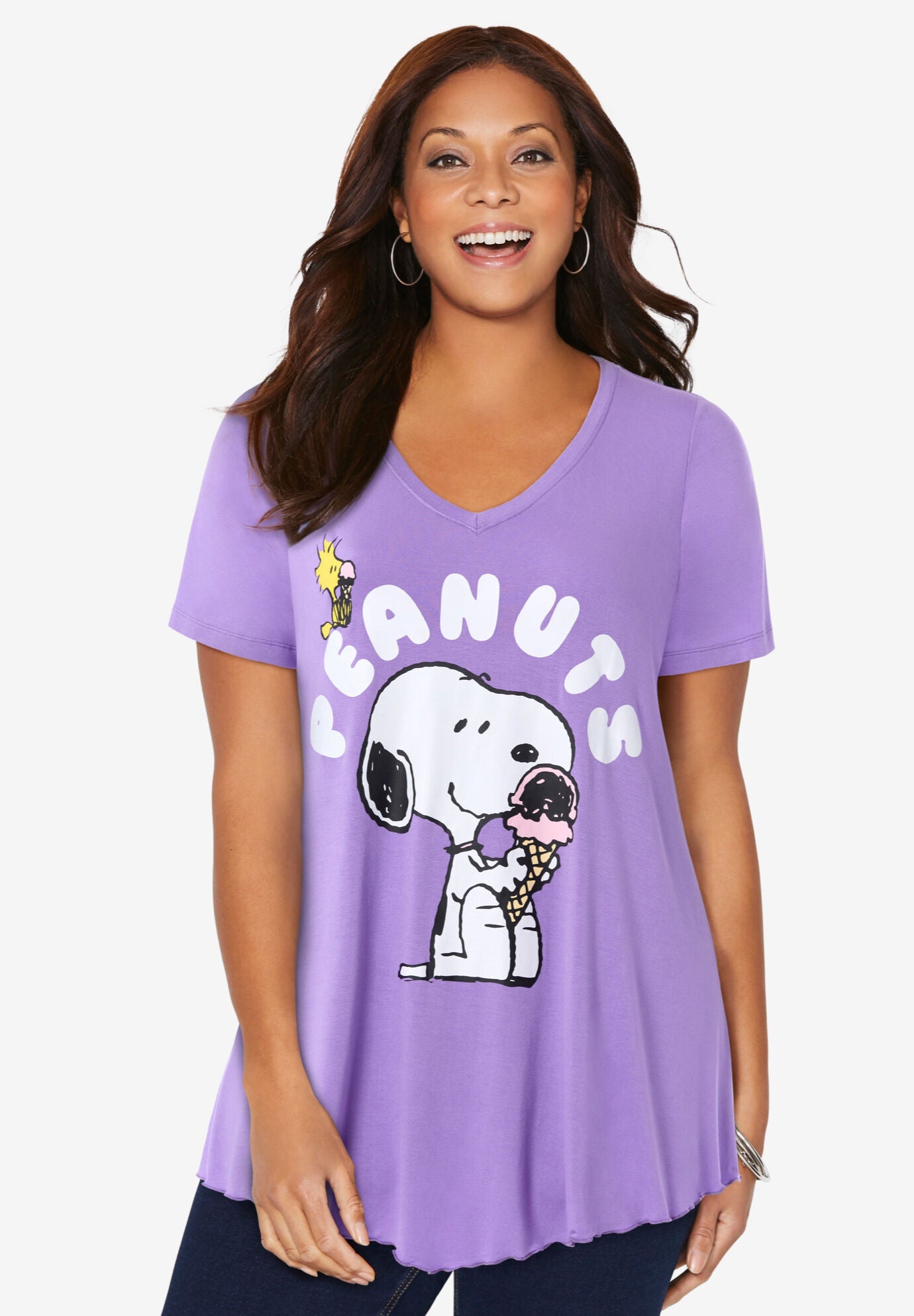 Peanuts Purple Snoopy V-Neck Point Hem Tee | Avenue